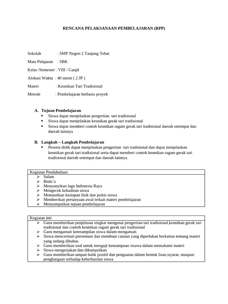 RPP Satu Lembar SBK SDH Jadi | PDF