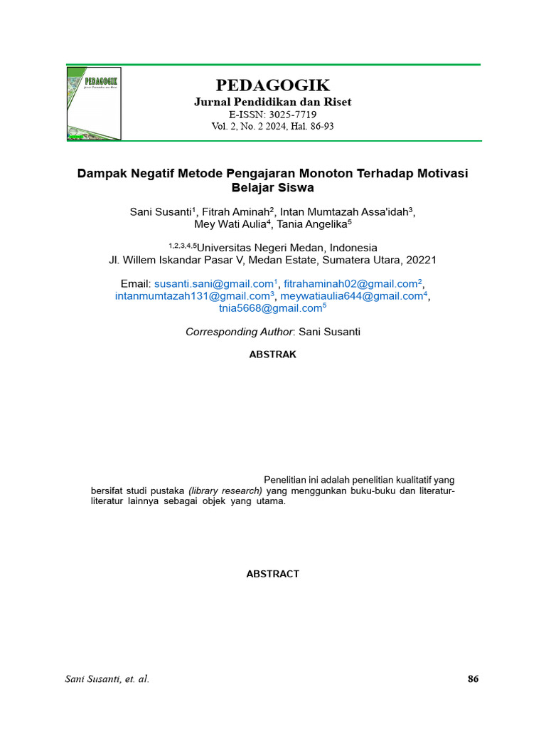 Pedagogik: Dampak Negatif Metode Pengajaran Monoton Terhadap Motivasi Belajar Siswa | PDF