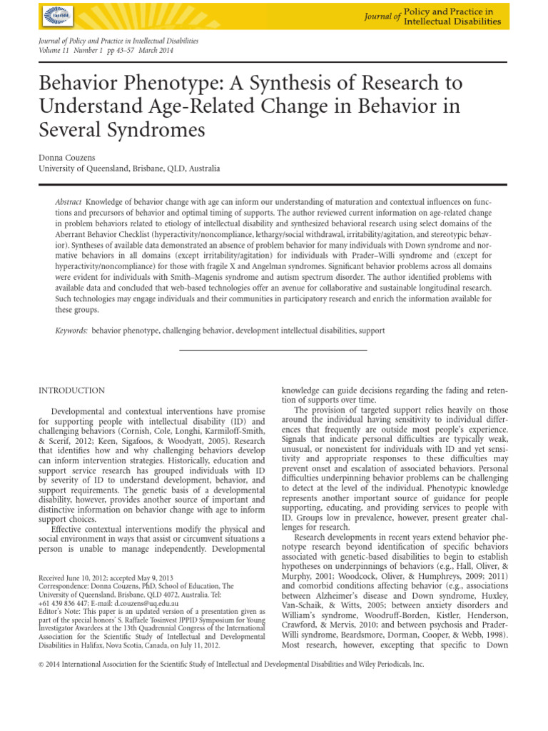 Behavior Phenotype. A Synthesis of Research To Understand Age Related ...