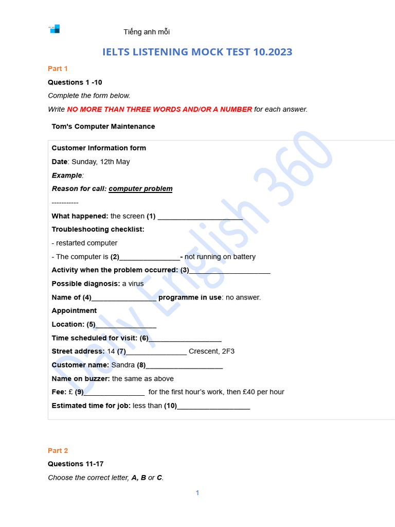 IELTS Listening Mock Test 10.2023 | PDF | Psychological Concepts ...