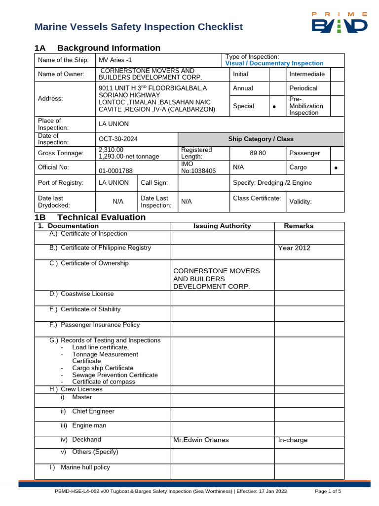 Marine Vessel Safety Inspection Checklist. | PDF | Tonnage | Tugboat