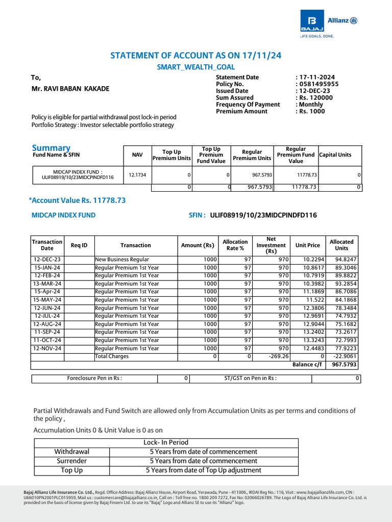 Statement of Account As On 17/11/24: Smart - Wealth - Goal | PDF ...