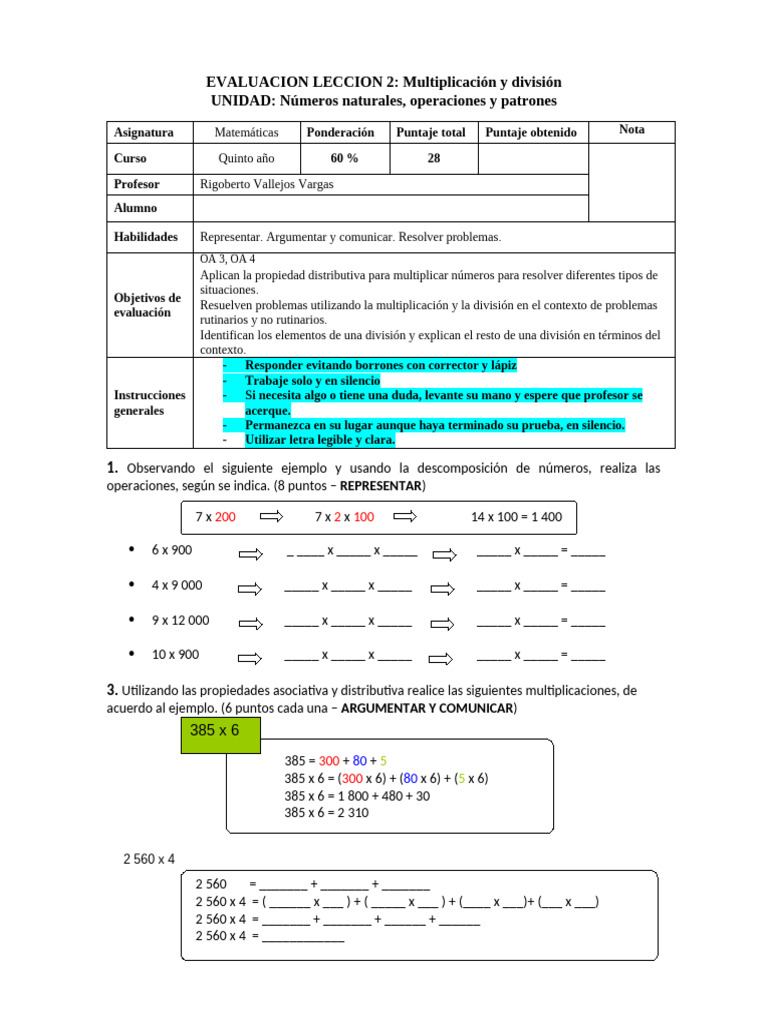 Prueba Quinto - Multiplicacion y Division | PDF | Multiplicación ...