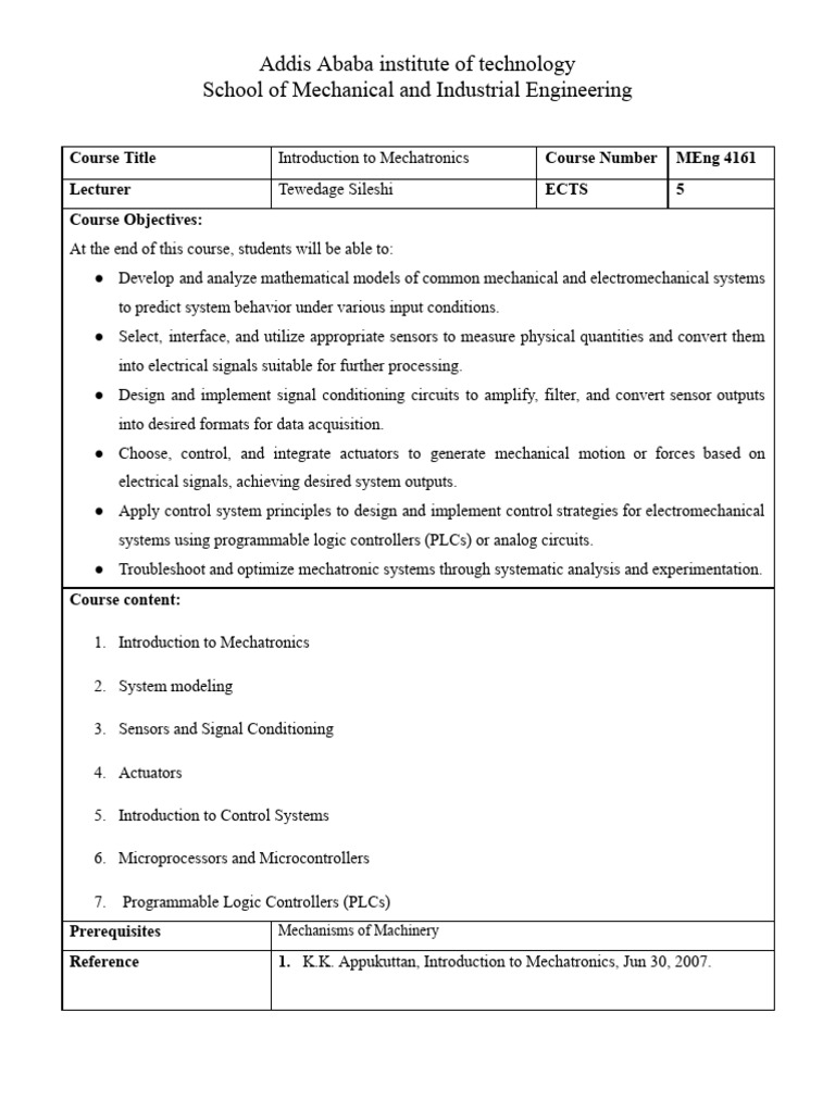 Course outline | PDF | Programmable Logic Controller | Mechatronics