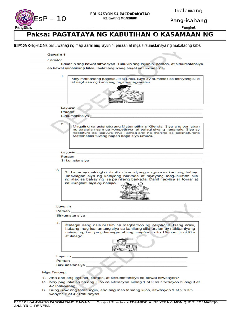 EsP10 Ika Apat Pang Isahang Gawain 2nd Quarter | PDF