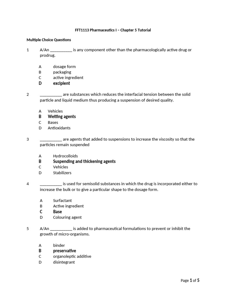 FFT1113 Chapter 5 Tutorial | PDF | Pharmaceutical Formulation | Pharmaceutical Sciences