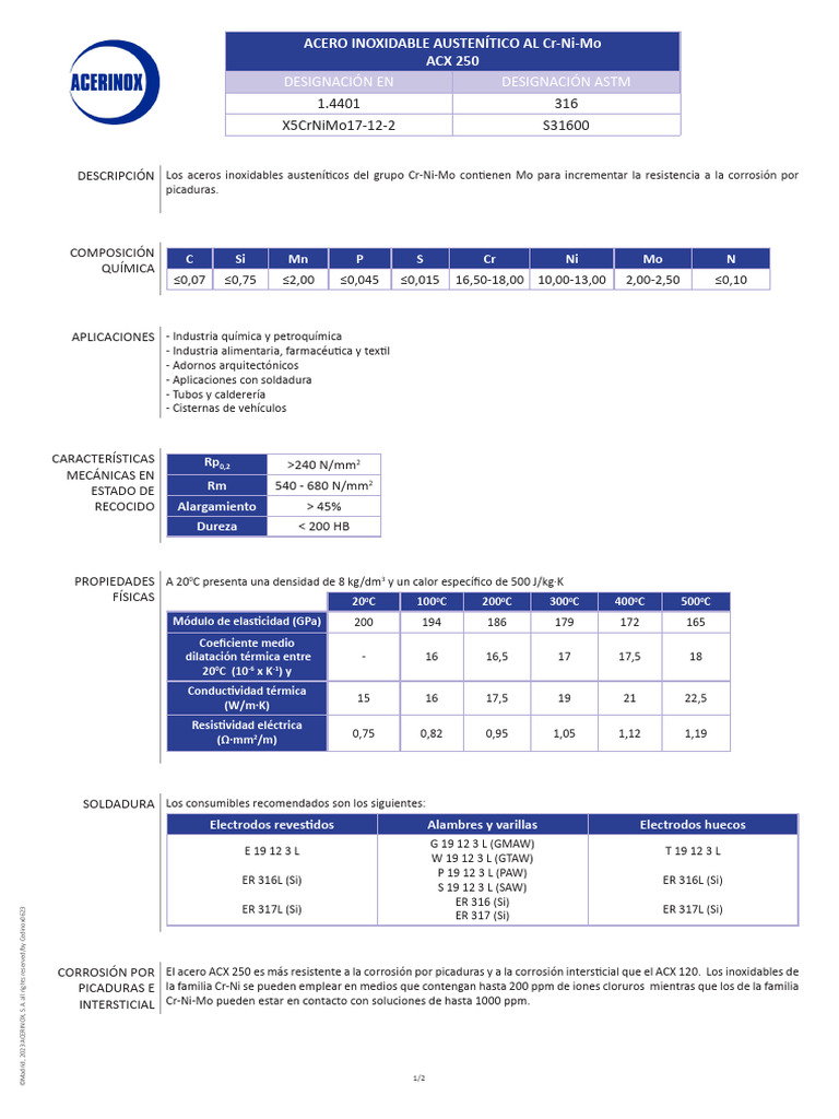 1.4401 Aisi 316 Astm S31600 Acx250 | PDF | Acero inoxidable ...