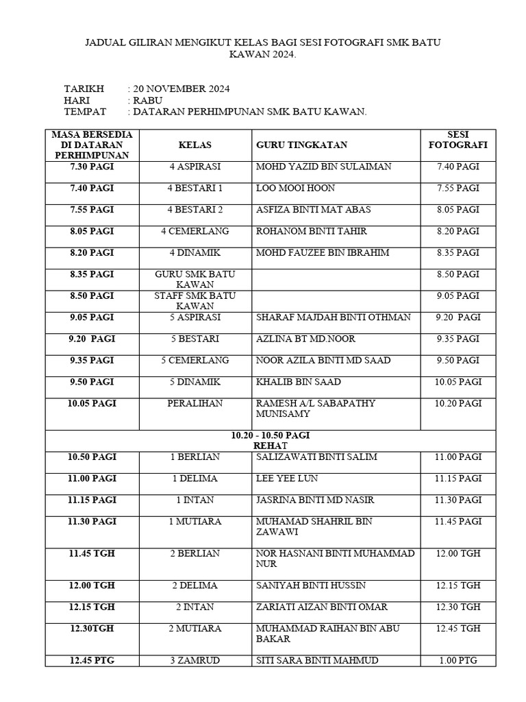 Jadual Giliran Mengikut Kelas Bagi Sesi Fotografi SMK Batu Kawan 2024 | PDF
