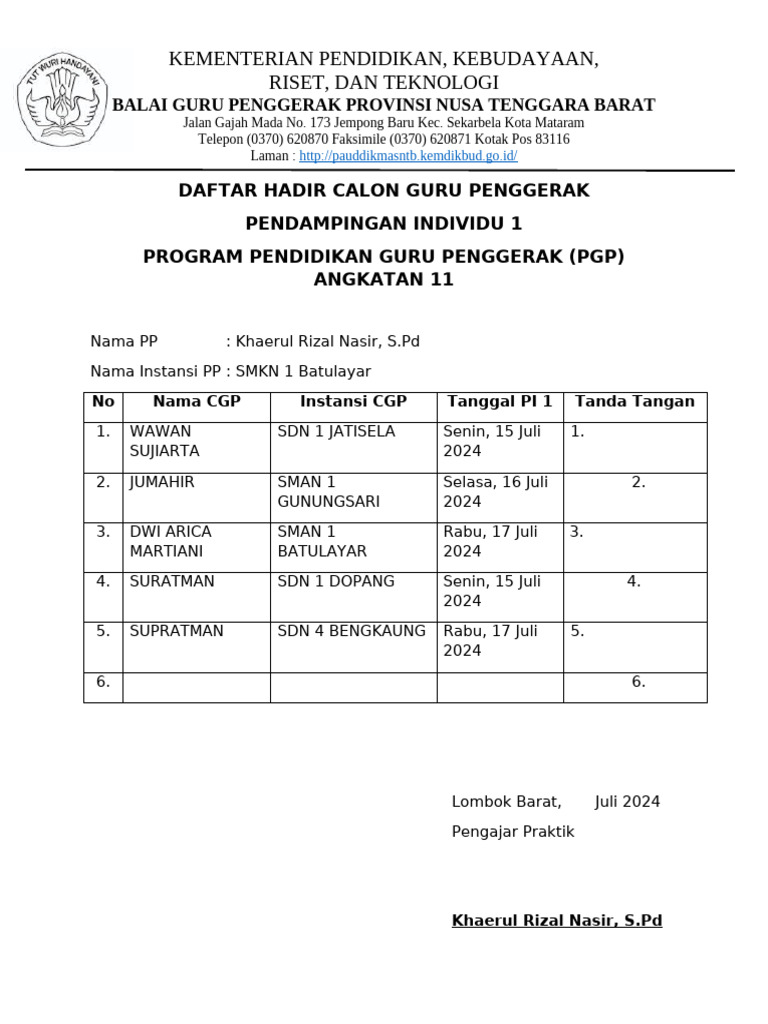 Daftar Hadir PI2 | PDF