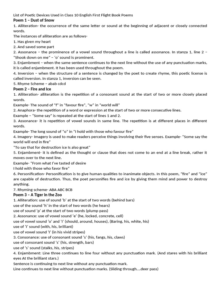 List of Poetic Devices Used in Class 10 English First Flight Book Poems ...