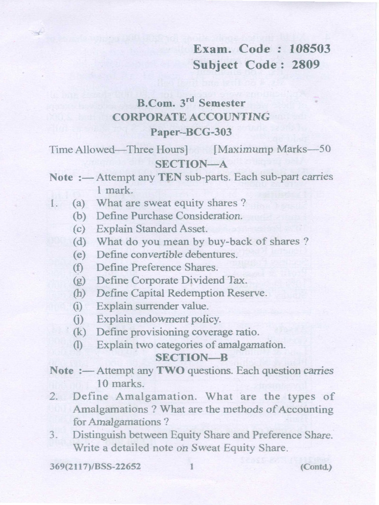 Exam. Code: 108503 Subject Code: 2809: Om. 3 Eme Orporat AC O Paper-B 0 | PDF | Equity (Finance ...