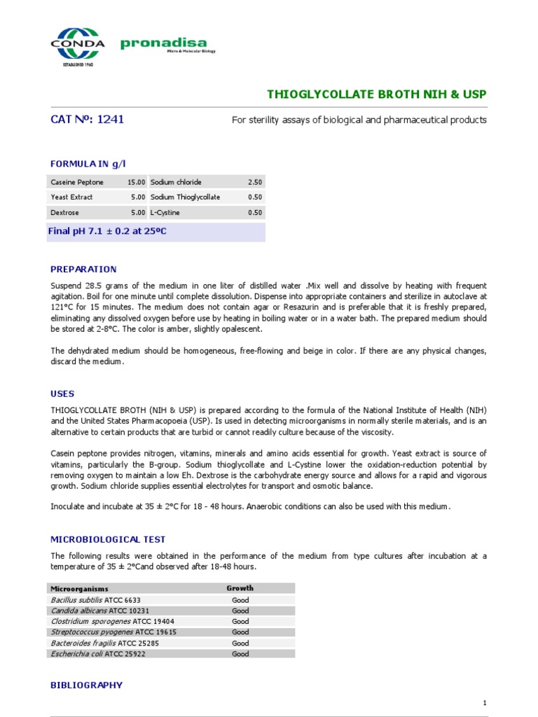 CAT Nº: 1241: Thioglycollate Broth Nih & Usp | PDF