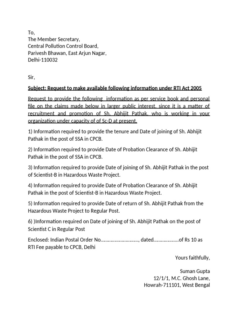 Request To Make Available Following Information Under RTI Act 2005 ...