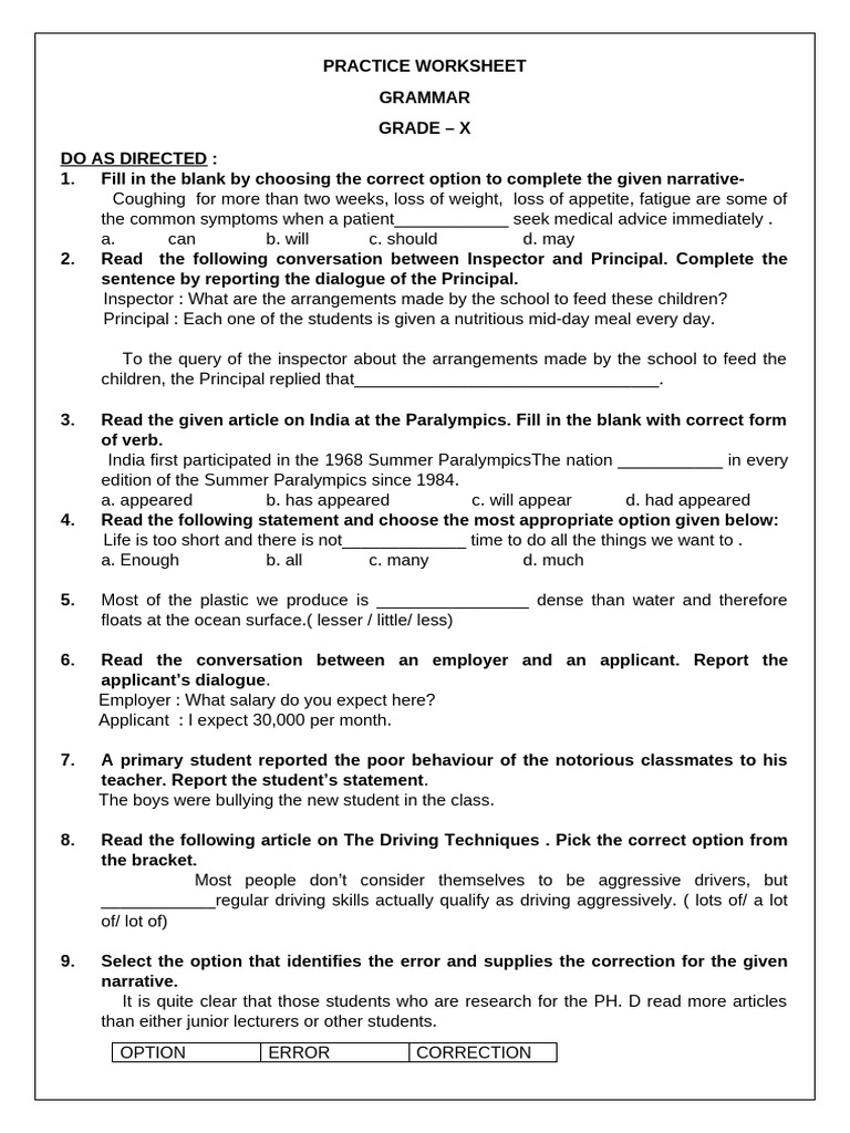 Grade X Grammar Practice Worksheet | PDF