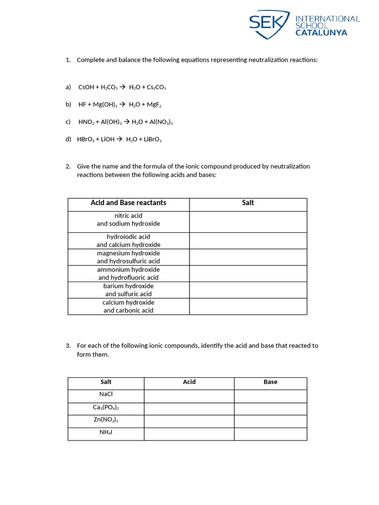 Neutralization Reactions and Balancing Equations | PDF