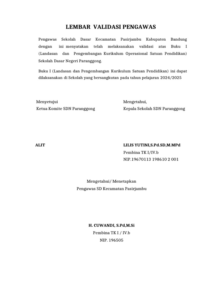 Lembar Validasi KOSP Pengawas | PDF