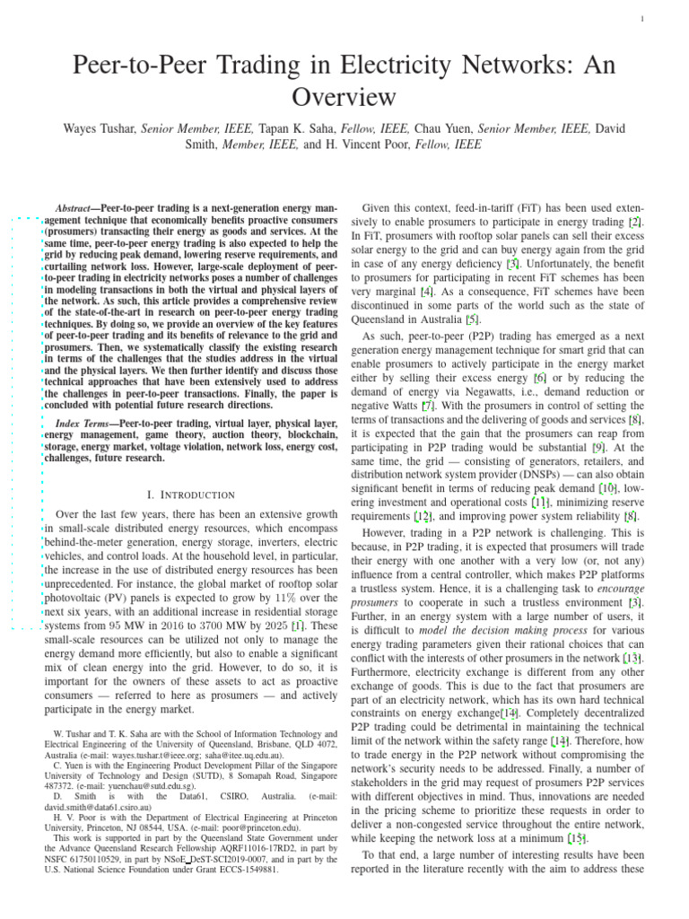 Peer-to-Peer Trading in Electricity Networks: An | PDF | Market (Economics) | Distributed Generation