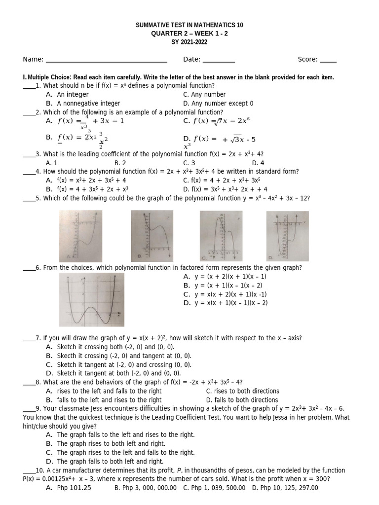 Mathematics 10 Summative Test Q2 W1-2 | PDF | Function (Mathematics ...