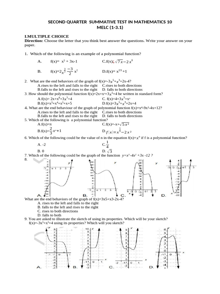 2nd Quarter Summative FINAL | PDF | Function (Mathematics) | Polynomial