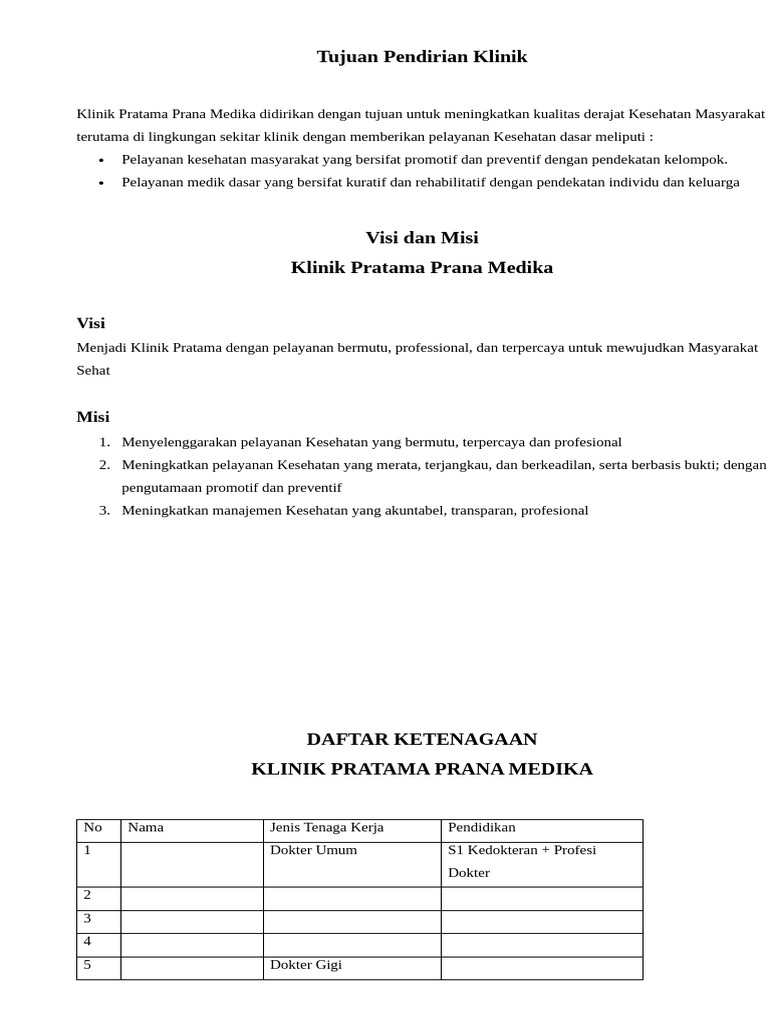 Visi Dan Misi Klinik Pratama Prana Medika | PDF