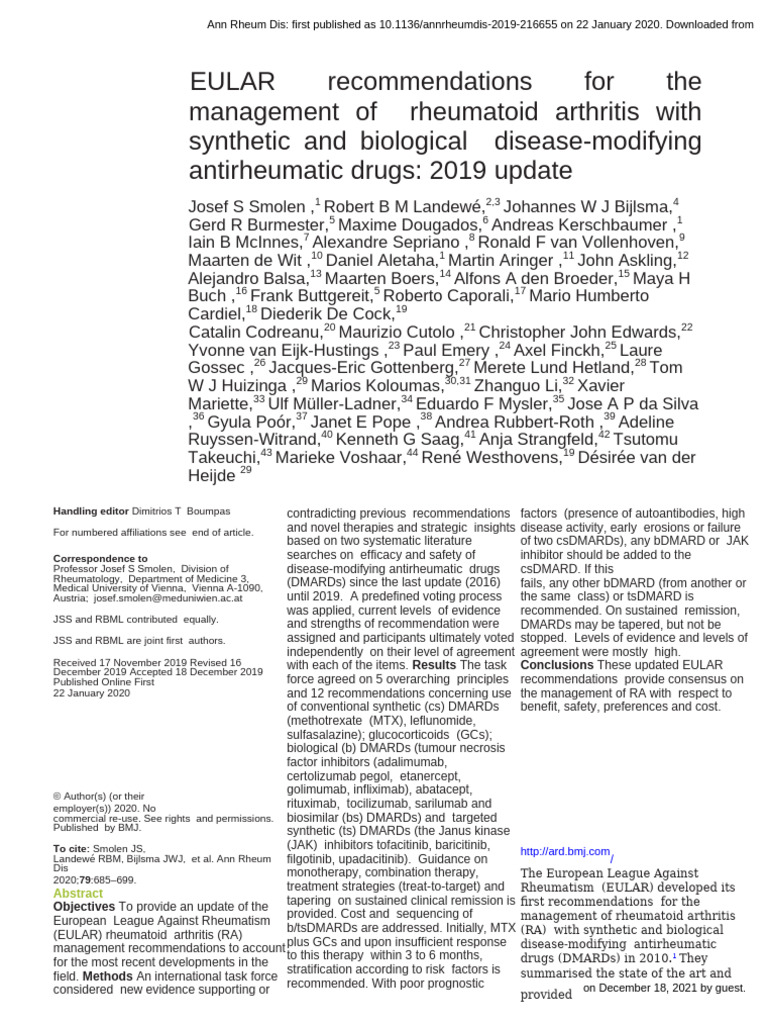 EULAR Recommendations For The Management of RA-2019 Update | PDF ...