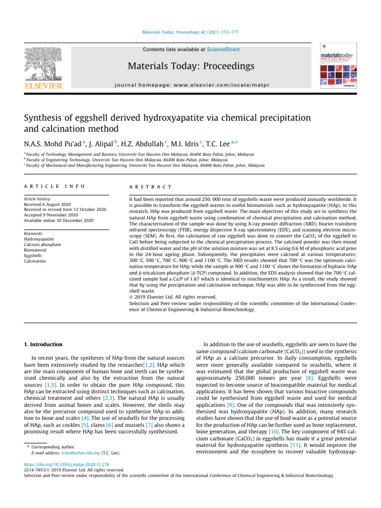 Synthesis of Eggshell Derived Hydroxyapatite Via Chemical Precipitation | PDF | X Ray ...