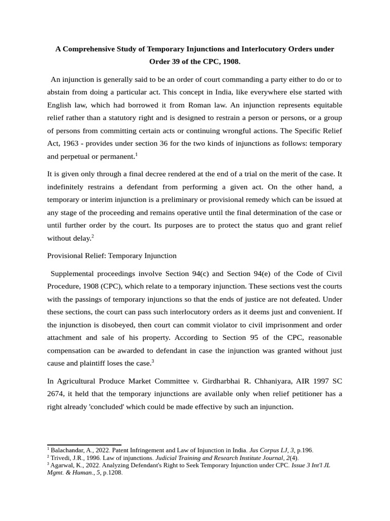 Temporary and Interlocutory Injuctions | PDF | Injunction | Legal Remedy