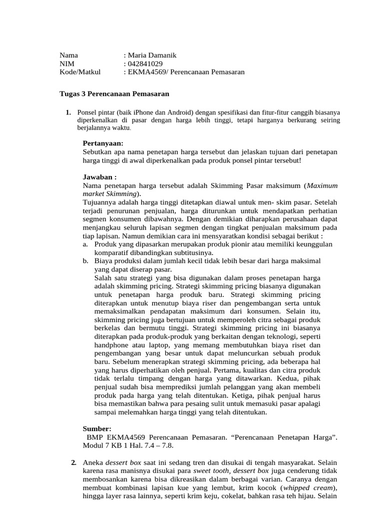 Tugas 3 Perencanaan Pemasaran - Maria Damanik - 042841029 | PDF | Pengelolaan Keuangan & Uang