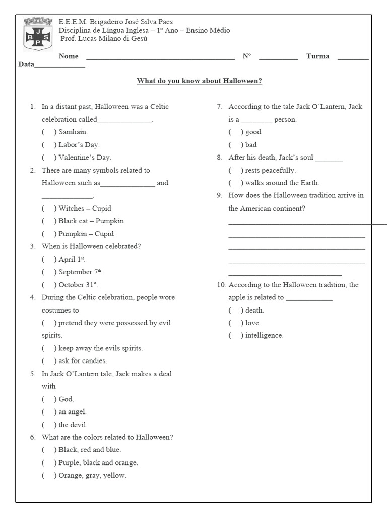 Halloween Quiz for English Students | PDF | Young Adult