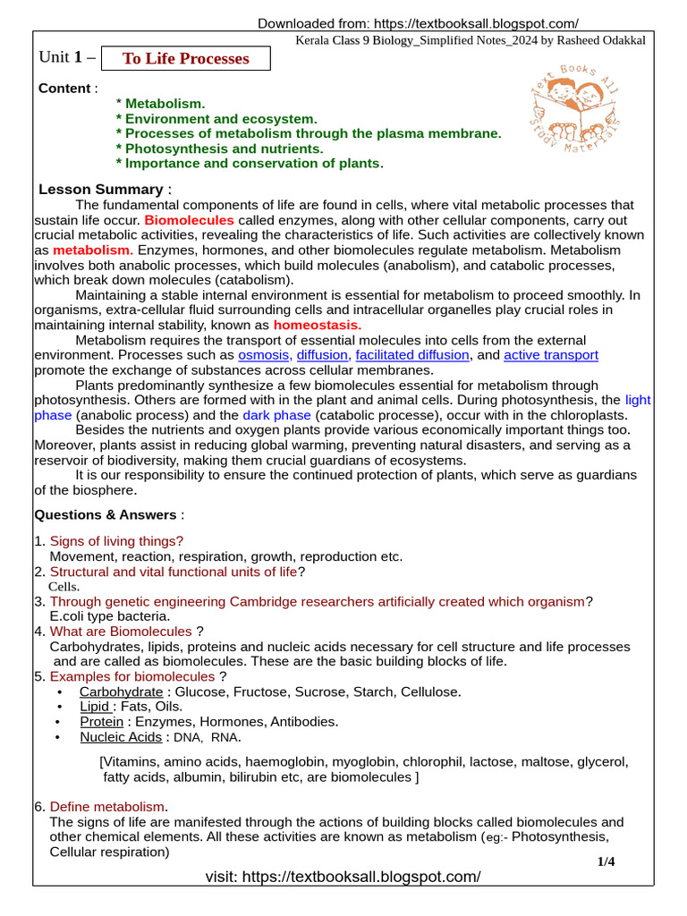 Class 9 Biology Simplified Notes 2024 | PDF | Photosynthesis | Chloroplast