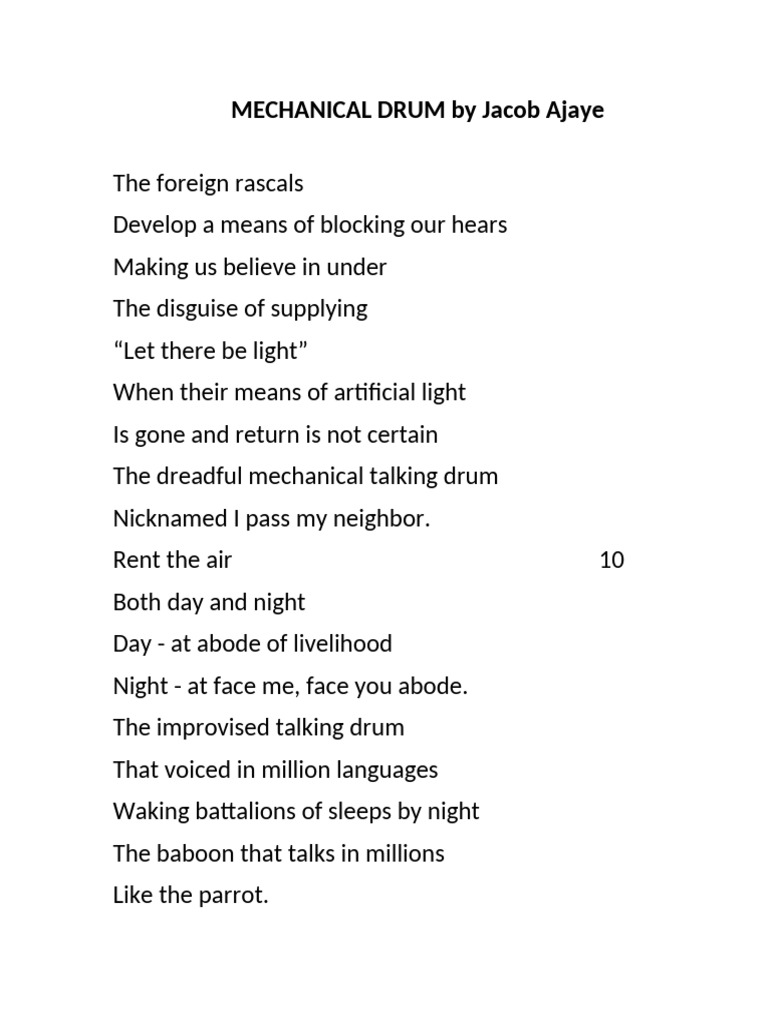 Mechanical Drum: A Poem by Jacob Ajaye | PDF | Poetry | Electric Generator