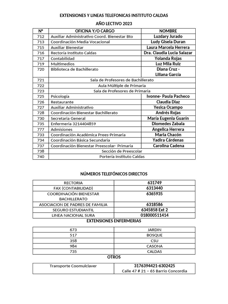 Extensiones y Lineas Telefonicas Instituto Caldas | PDF
