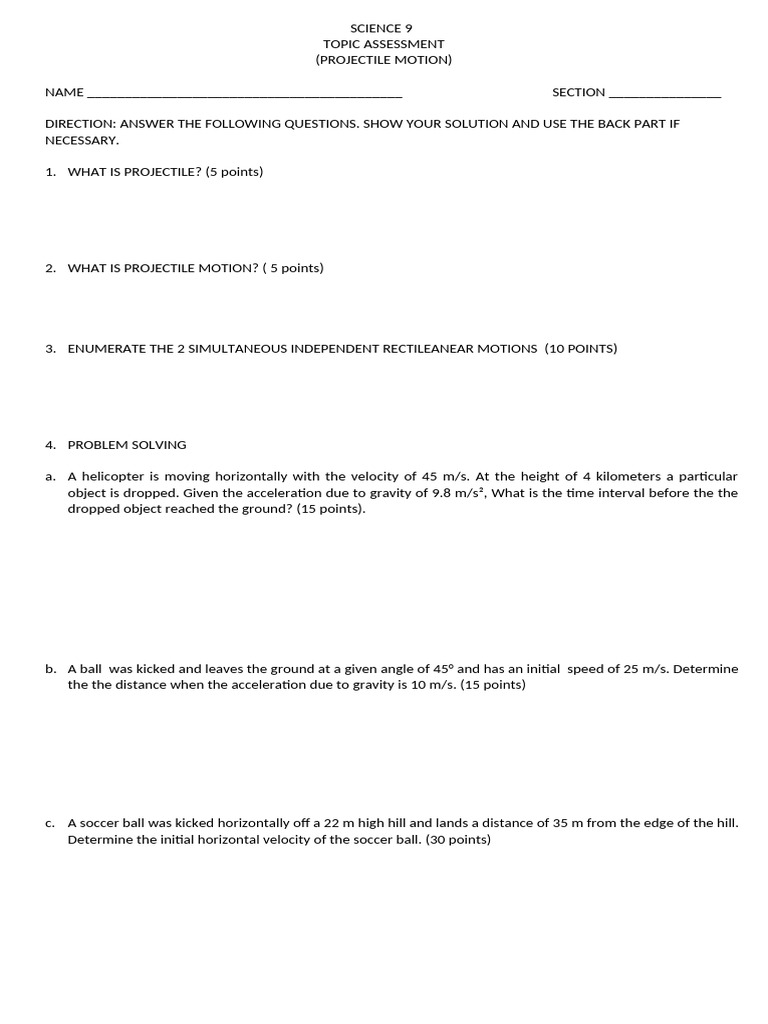 SCIENCE 9 Topic Assessment Projectile Motion | PDF