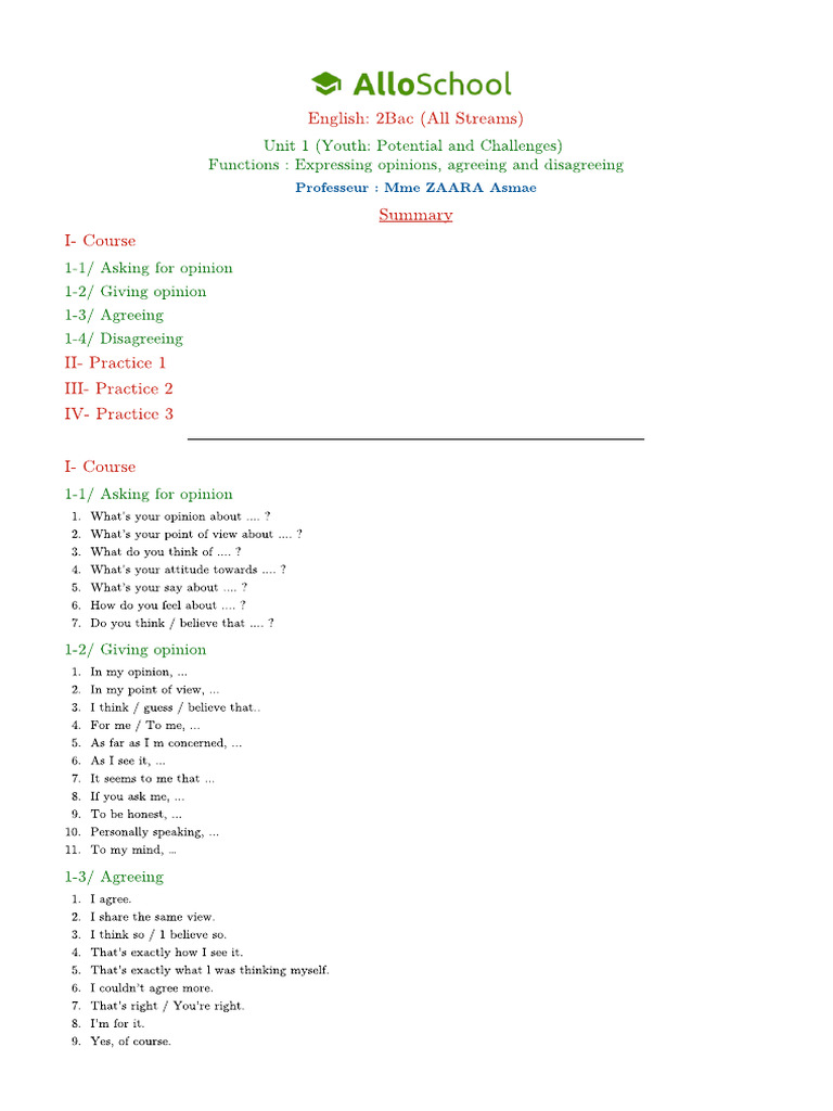 Functions 1 Expressing Opinions Agreeing and Disagreeing | PDF