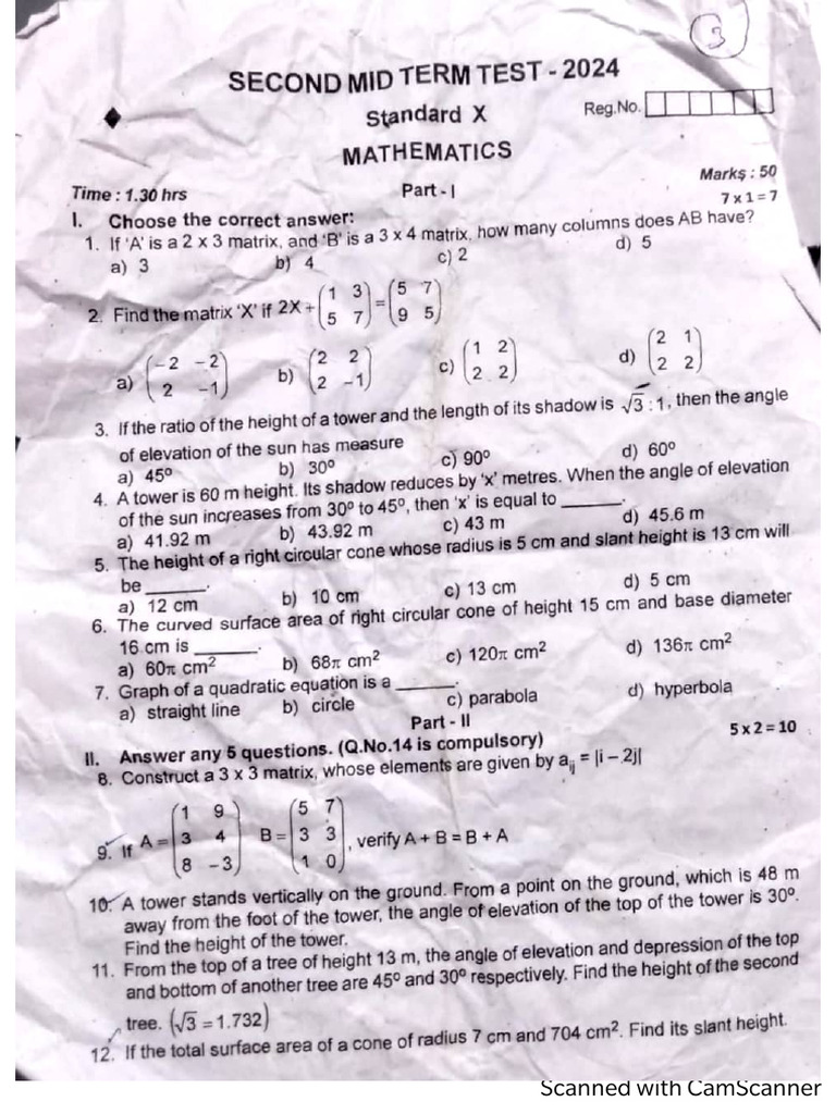 10th Maths 2nd Mid Term Exam 2024 Original Question Paper Thiruvallur District English Medium ...