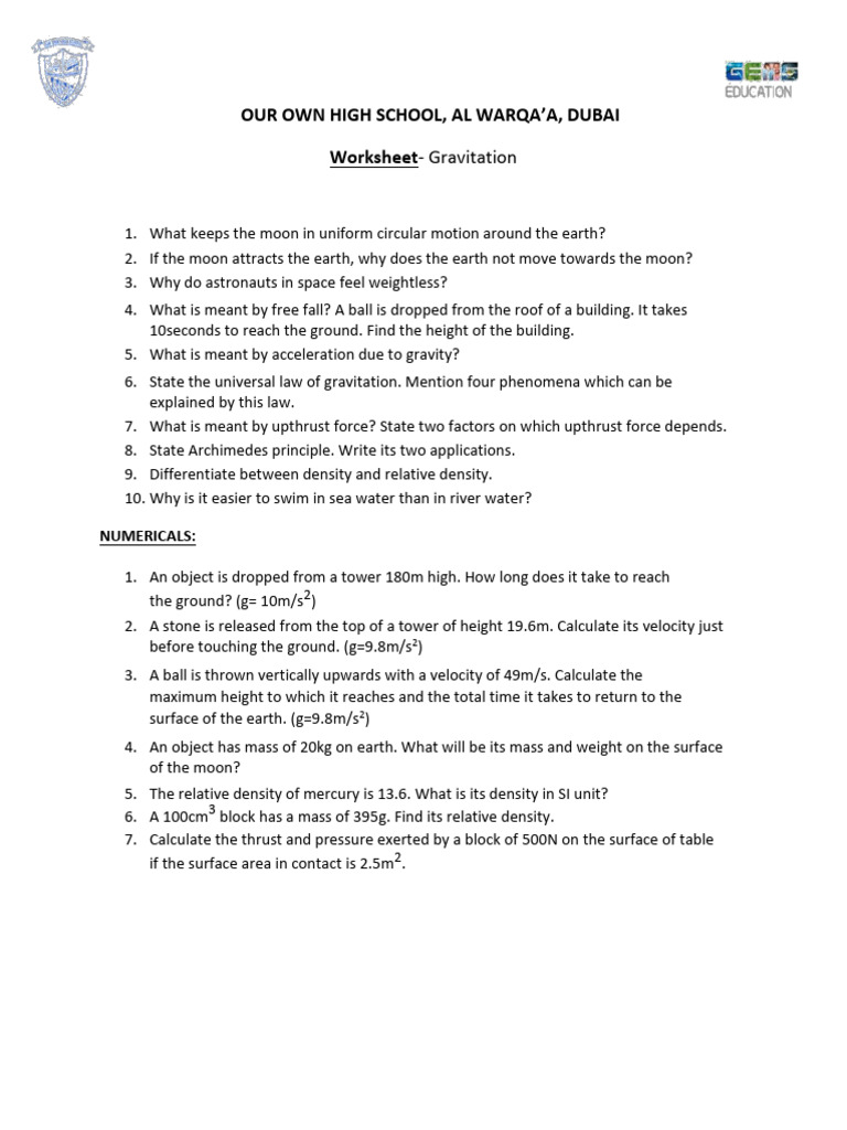 Gravitation Worksheet for High School | PDF