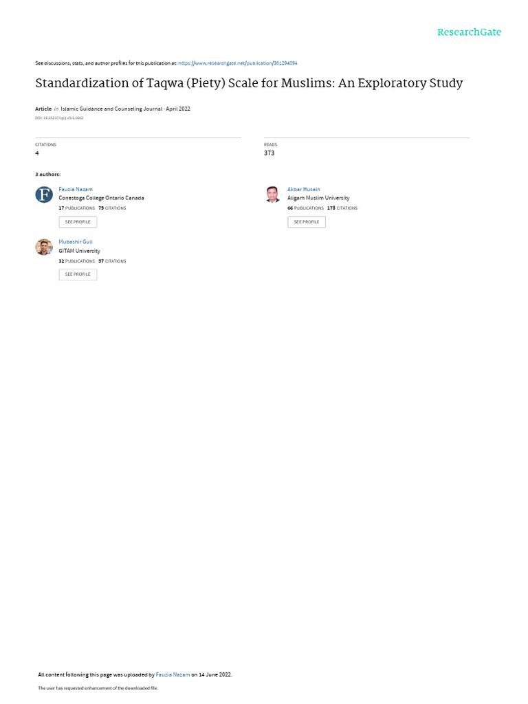 Standardization of Taqwa (Piety) Scale For Muslims: An Exploratory ...