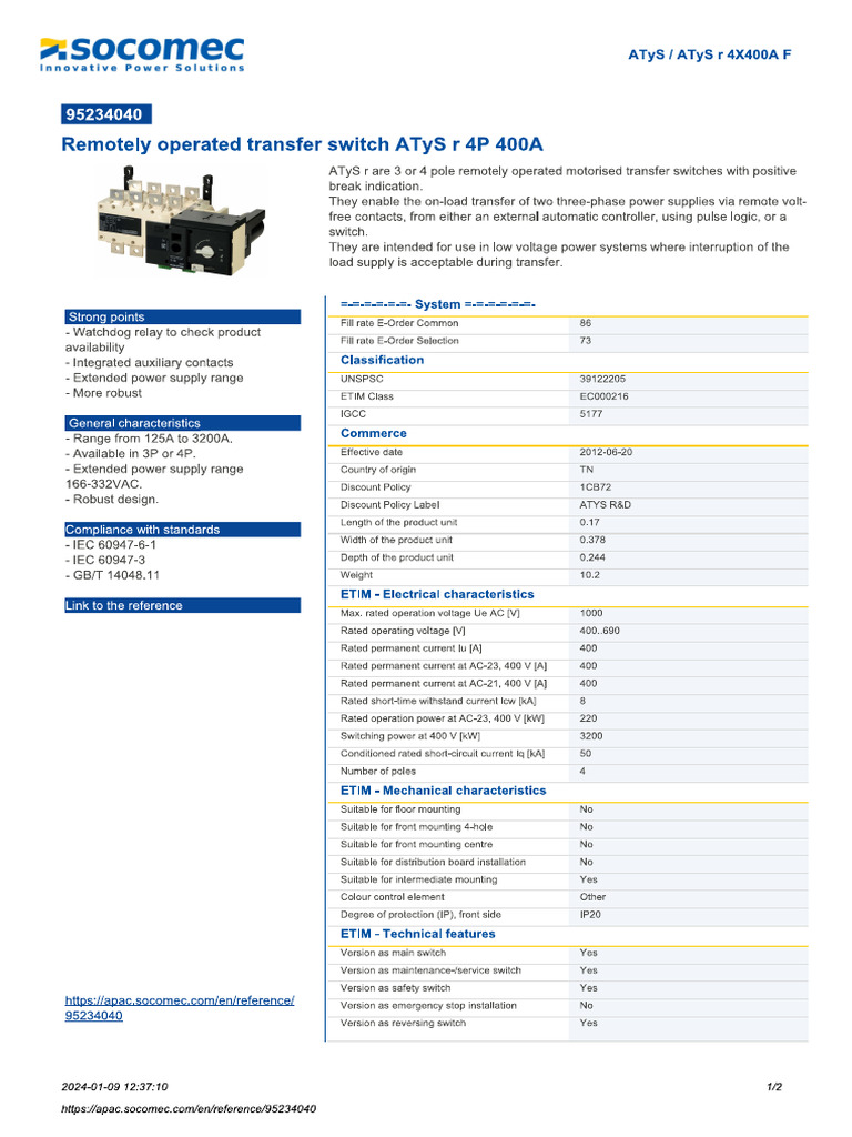 95234040-Socomec - 400-4P Changeover Switch | PDF