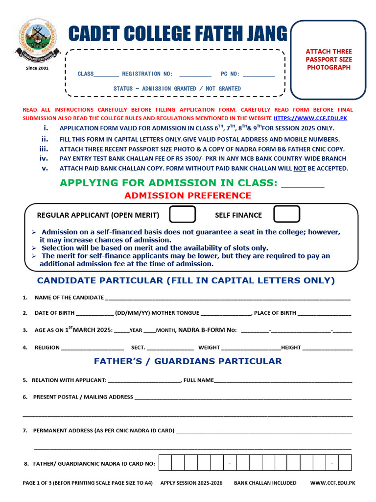 CADET COLLEGE ADMISSION FORM CLASS 6TH To 9TH 2025 PDF | PDF | Identity ...