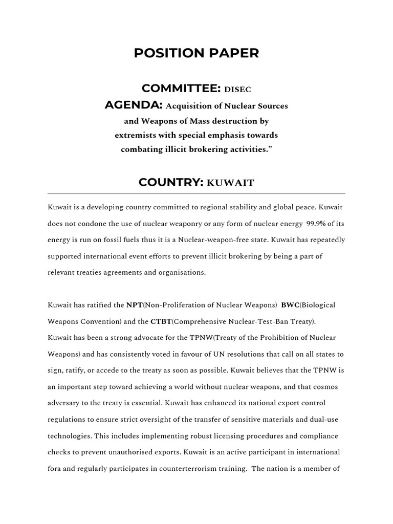 Position Paper (Kuwait DISEC) | PDF | Defense Policy | International Security