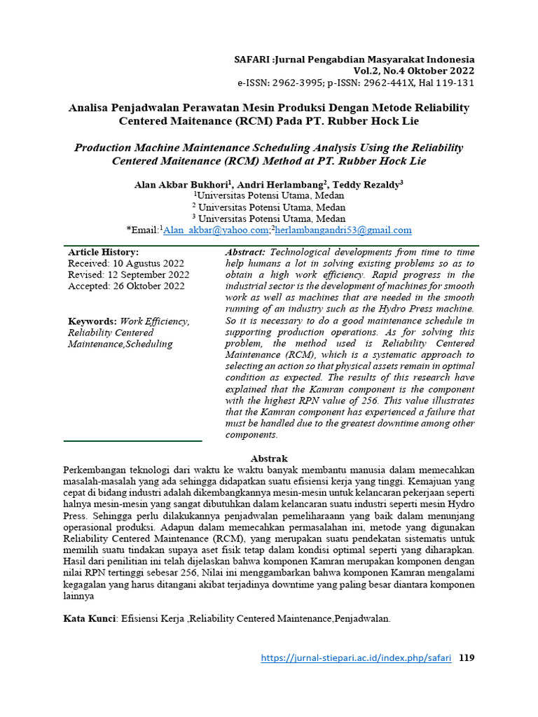 Analisa Penjadwalan Perawatan Mesin Produksi Dengan Metode Reliability Centered Maitenance (RCM ...