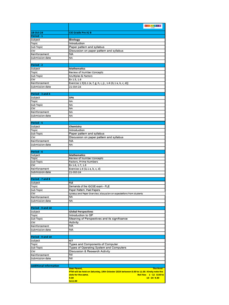 18th October - Daily Diary Pre IG B | PDF | Student Assessment And ...