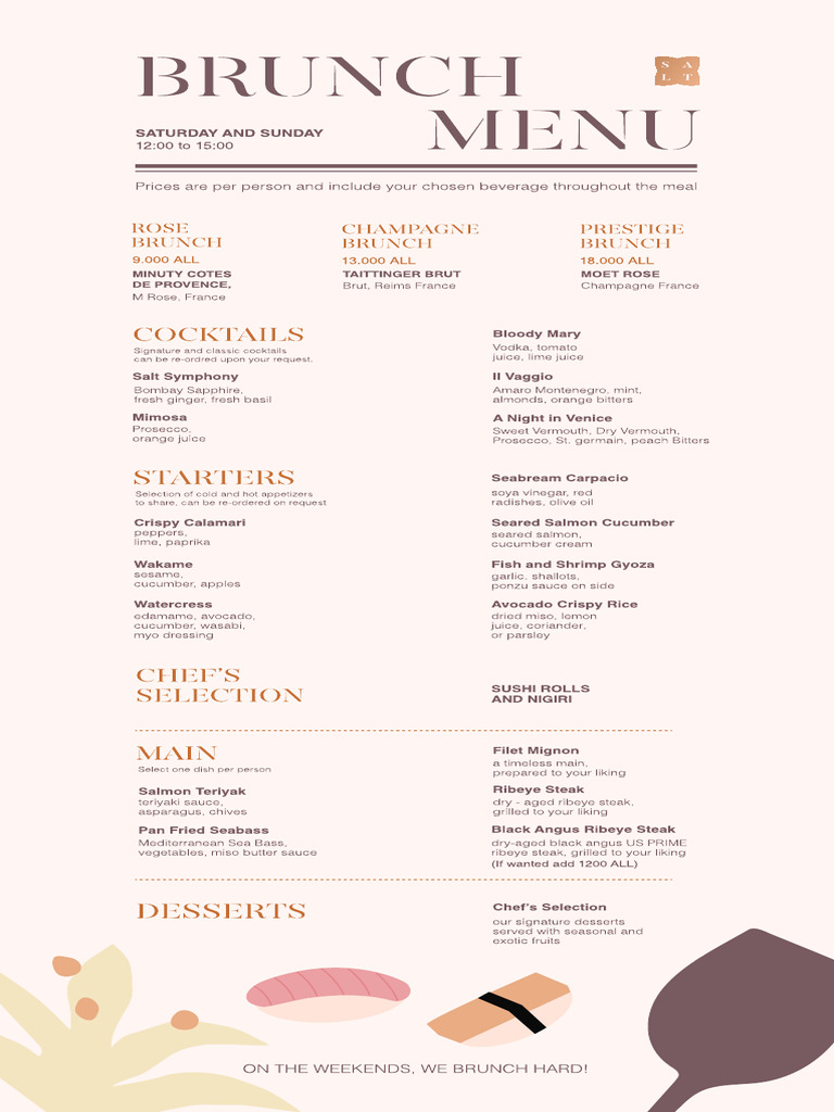 Weekend Brunch Menu with Cocktails | PDF | Cooking | Asian Cuisine