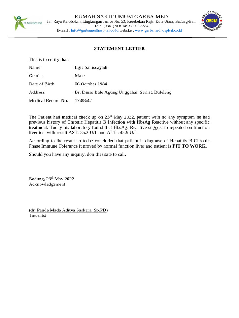 Statement Letter Fit To Work | PDF