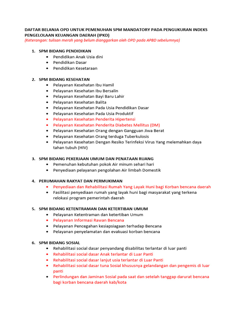 Daftar Belanja Opd Mandatory Untuk Pemenuhan SPM | PDF | Kesehatan ...