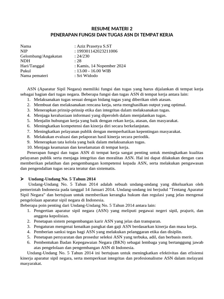 Resume Materi 2 Penerapan Fungsi Dan Tugas Asn Di Tempat Kerja | PDF