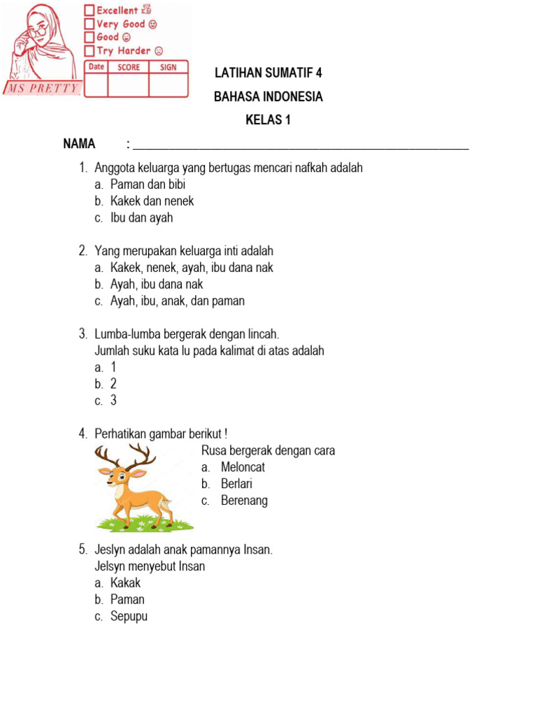 2 Rangkap Latihan Sumatif 4 Bahasa Indonesia Kelas 1 | PDF