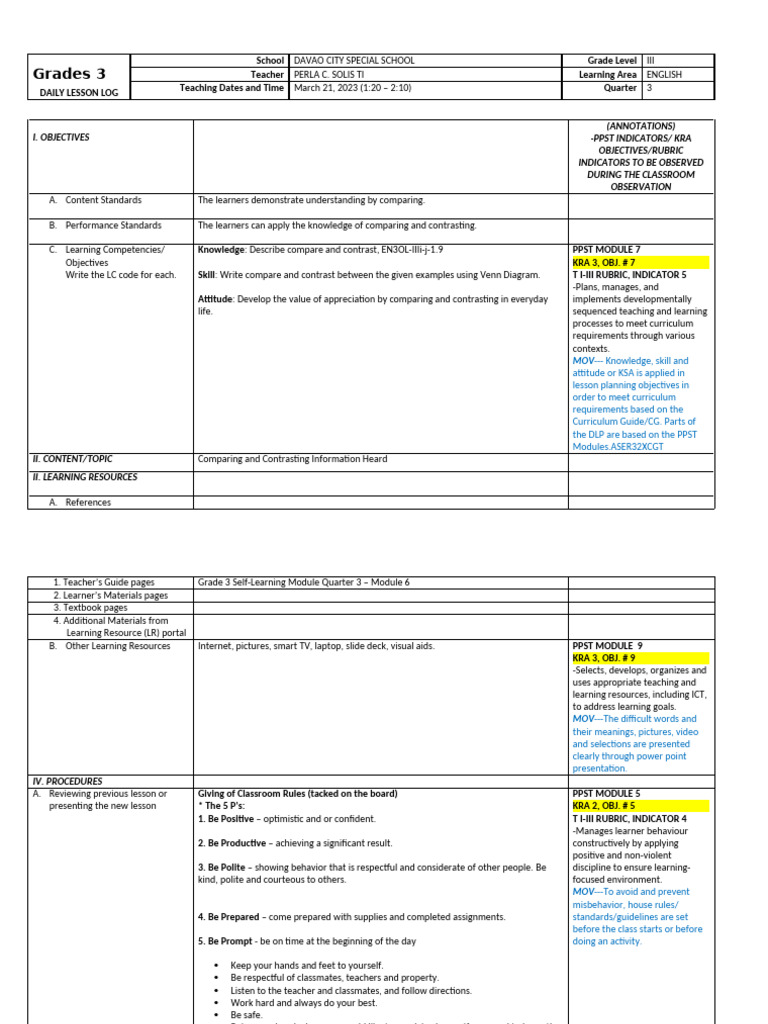 Grade 3 English Lesson Plan: Compare & Contrast | PDF | Learning ...