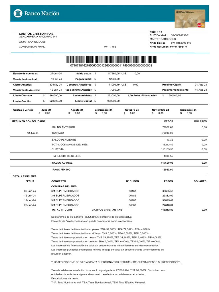 Resumen de Cuenta Mastercard Junio 2024 | PDF | Tarjeta de crédito ...