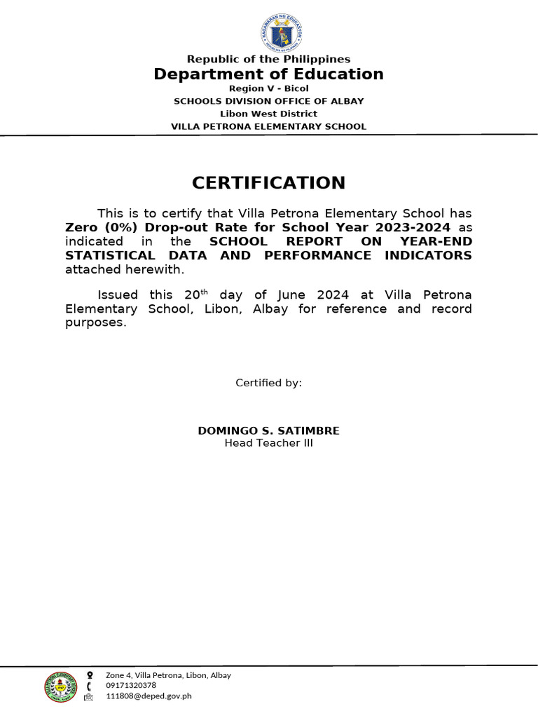 Certification For 0% Drop Out Rate | PDF